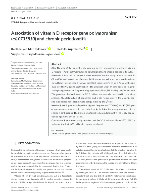 (PDF) Association of vitamin D receptor gene polymorphism (rs10735810) and chronic periodontitis