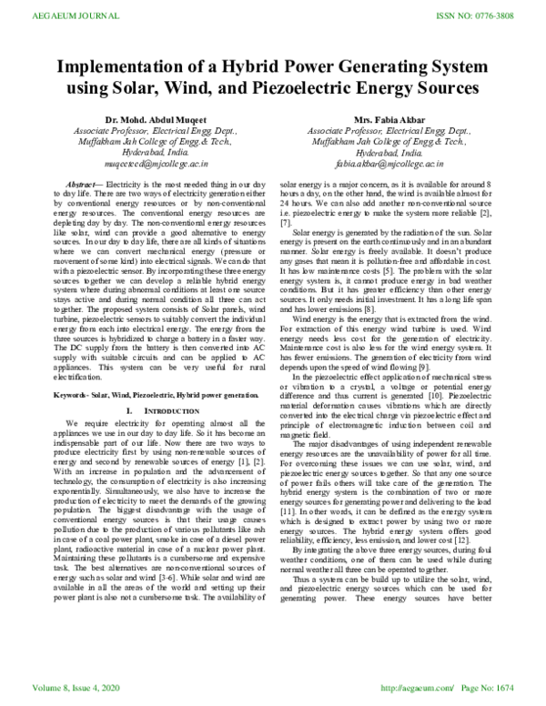 (PDF) Implementation of a Hybrid Power Generating System using Solar, Wind, and Piezoelectric ...