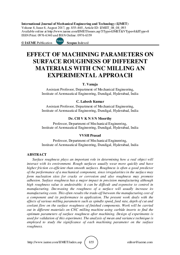 Pdf Effect Of Machining Parameters On Surface Roughness Of Different Materials With Cnc