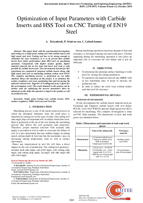 Pdf Optimization Of Input Parameters With Carbide Inserts And Hss