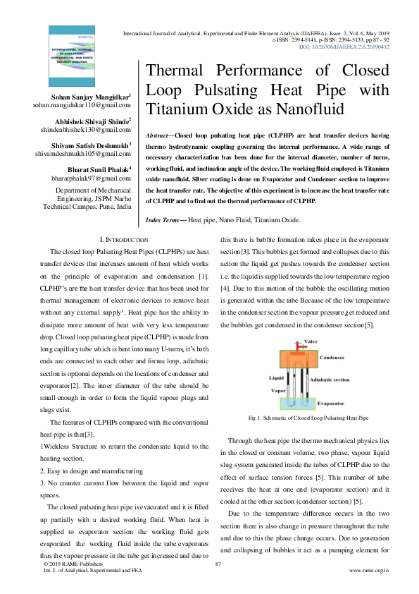 Pdf Thermal Performance Of Closed Loop Pulsating Heat Pipe With Titanium Oxide As Nanofluid