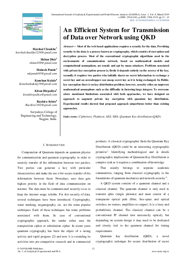 (PDF) An Efficient System for Transmission of Data over Network using QKD | RAME Publishers ...
