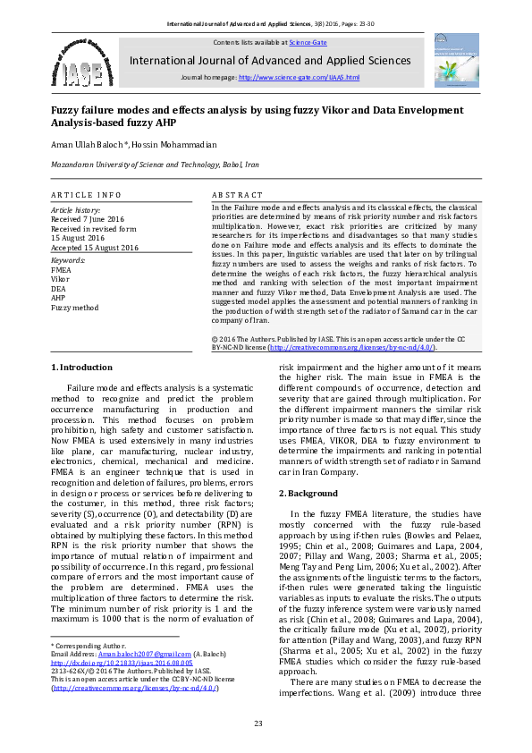 (PDF) Fuzzy failure modes and effects analysis by using fuzzy Vikor and Data Envelopment ...