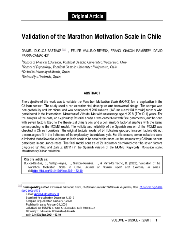 (PDF) Validation of the Marathon Motivation Scale in Chile