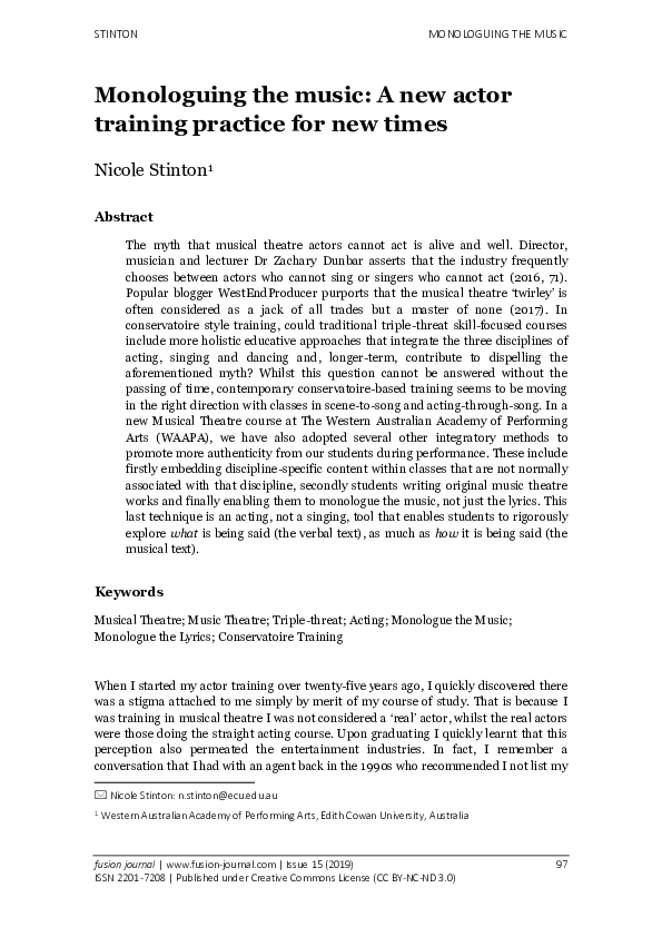 (PDF) Monologuing the music: A new actor training practice for new times