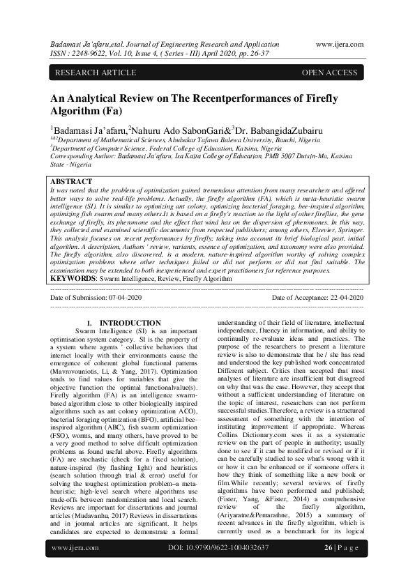 (PDF) An Analytical Review on The Recentperformances of Firefly Algorithm (Fa