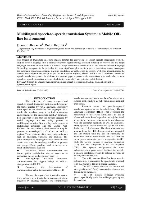 (PDF) Multilingual speech-to-speech translation System in Mobile Off ...