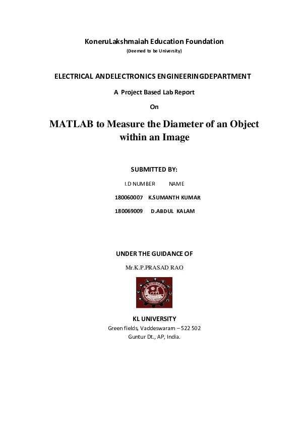 Pdf Lab Report Matlab To Measure The Diameter Of An Object Within An Image