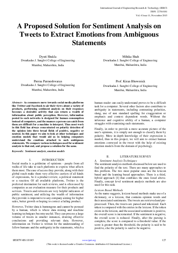 (PDF) IJERT-A Proposed Solution for Sentiment Analysis on Tweets to Extract Emotions from ...