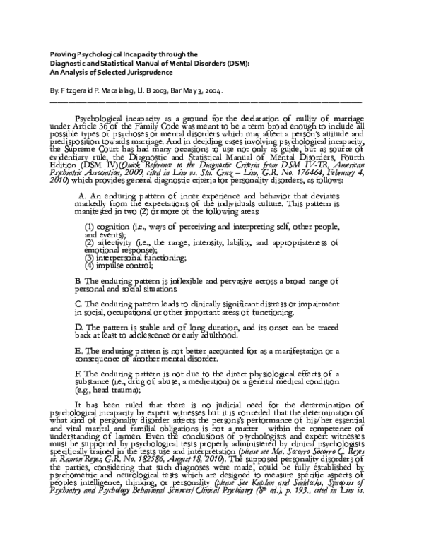 (PDF) Proving Psychological Incapacity through the Diagnostic and ...
