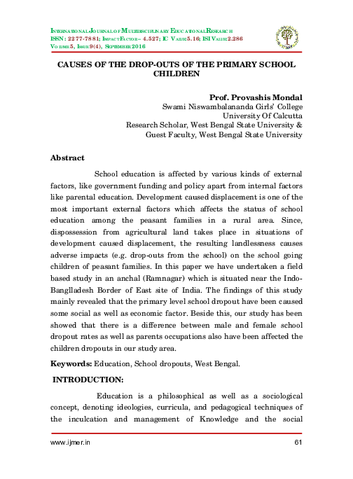 (PDF) CAUSES OF THE DROP-OUTS OF THE PRIMARY SCHOOL CHILDREN