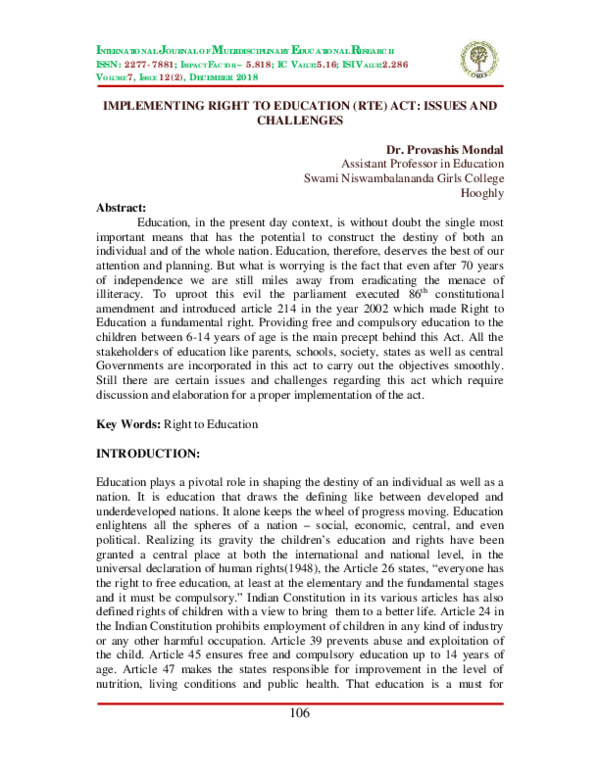 (PDF) IMPLEMENTING RIGHT TO EDUCATION (RTE) ACT: ISSUES AND CHALLENGES