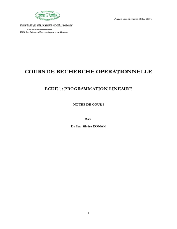 (PDF) COURS DE RECHERCHE OPERATIONNELLE ECUE 1 : PROGRAMMATION LINEAIRE ...