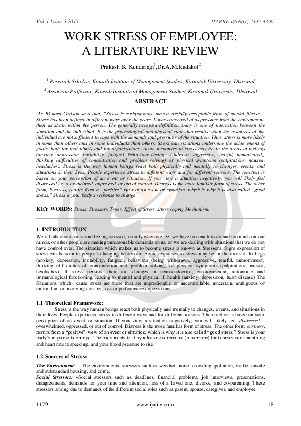 (PDF) WORK STRESS OF EMPLOYEE: A LITERATURE REVIEW | Dr. PRAKASH B A S ...