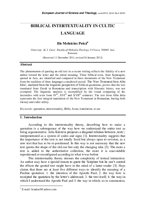 (PDF) BIBLICAL INTERTEXTUALITY IN CULTIC LANGUAGE