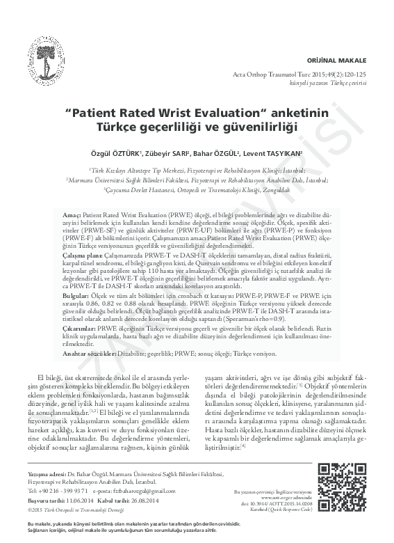 (PDF) "Patient Rated Wrist Evaluation" anketinin Türkçe geçerliliği ve ...