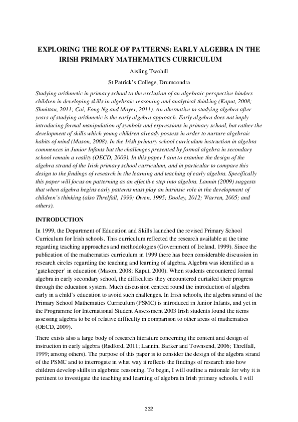 (PDF) EXPLORING THE ROLE OF PATTERNS: EARLY ALGEBRA IN THE IRISH ...