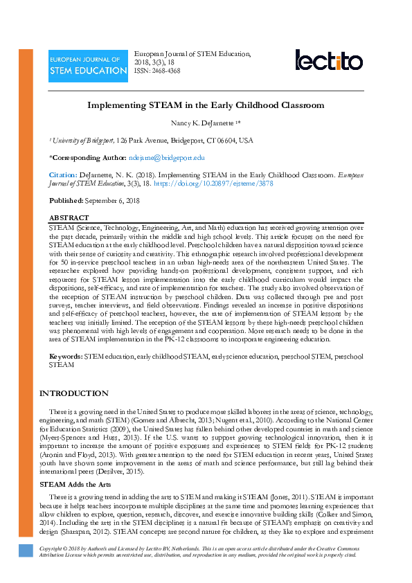 (PDF) Implementing STEAM in the Early Childhood Classroom