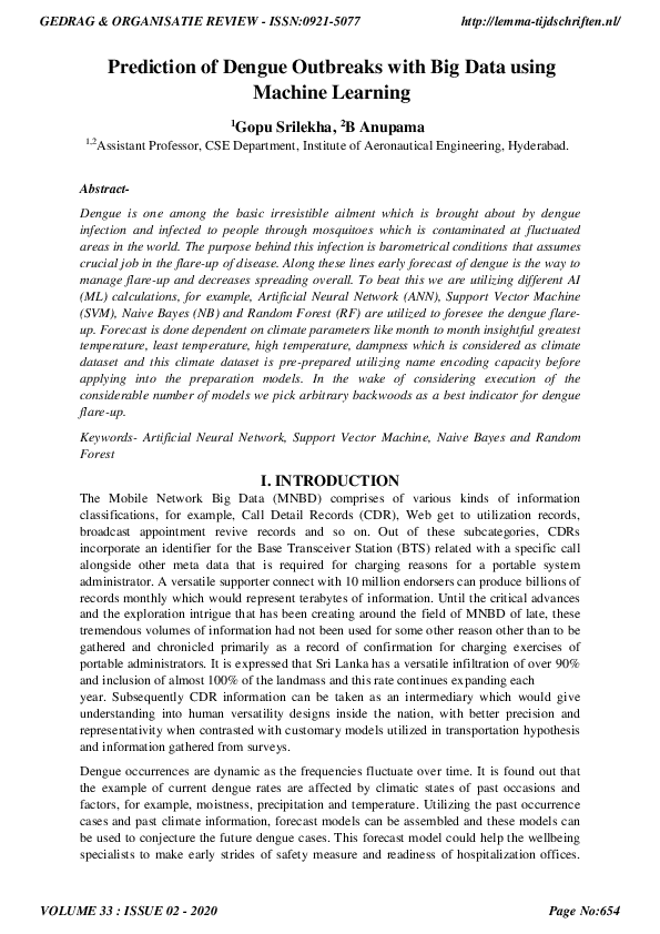 Pdf Prediction Of Dengue Outbreaks With Big Data Using Machine Learning