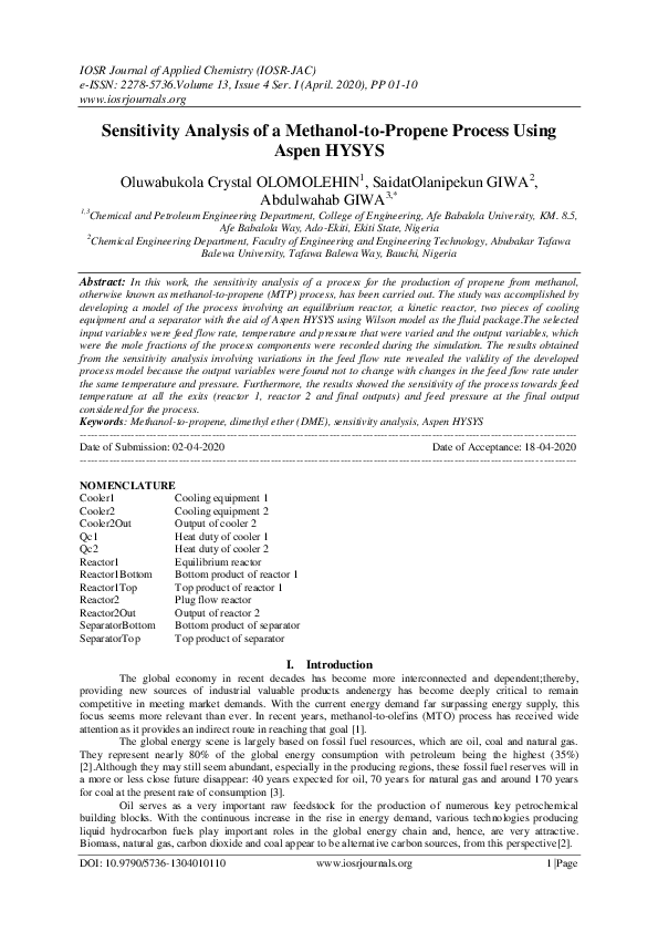 (PDF) Sensitivity Analysis of a Methanol-to-Propene Process Using Aspen ...