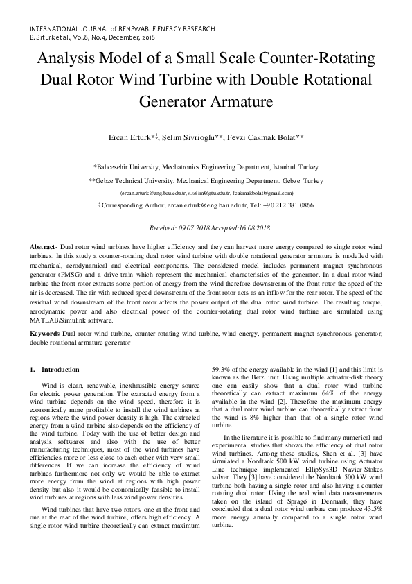 Pdf Analysis Model Of A Small Scale Counter Rotating Dual Rotor Wind Turbine With Double