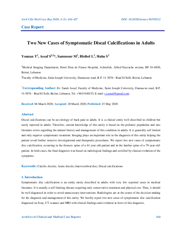 (PDF) Two New Cases of Symptomatic Discal Calcifications in Adults