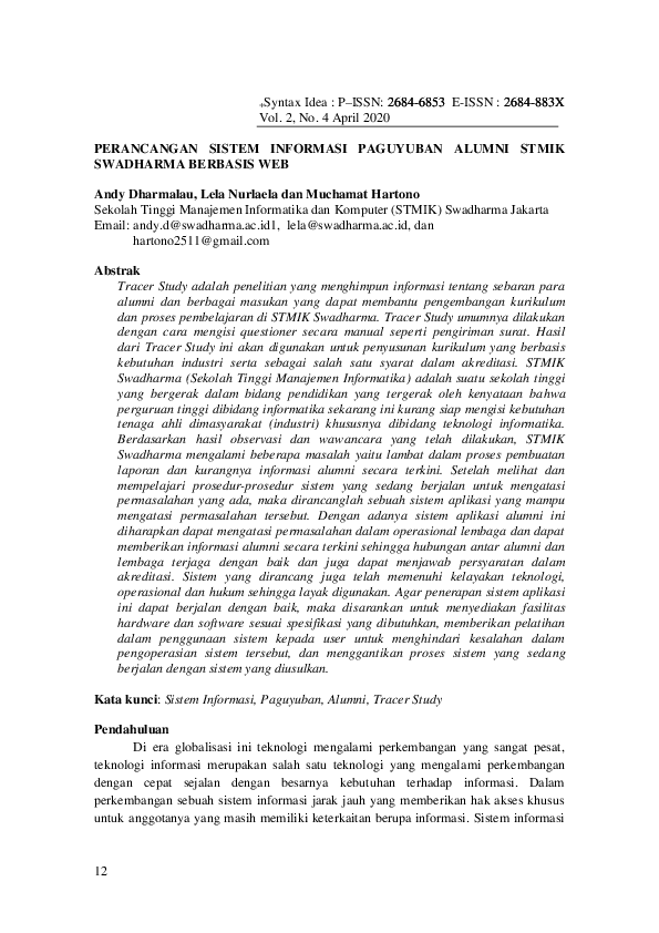 (PDF) PERANCANGAN SISTEM INFORMASI PAGUYUBAN ALUMNI STMIK SWADHARMA ...