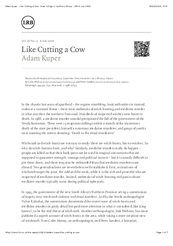 (PDF) Adam Kuper · Like Cutting a Cow: ritual killings in southern ...