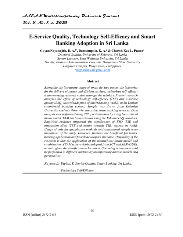 (PDF) E-Service Quality, Technology Self-Efficacy and Smart Banking Adoption in Sri Lanka