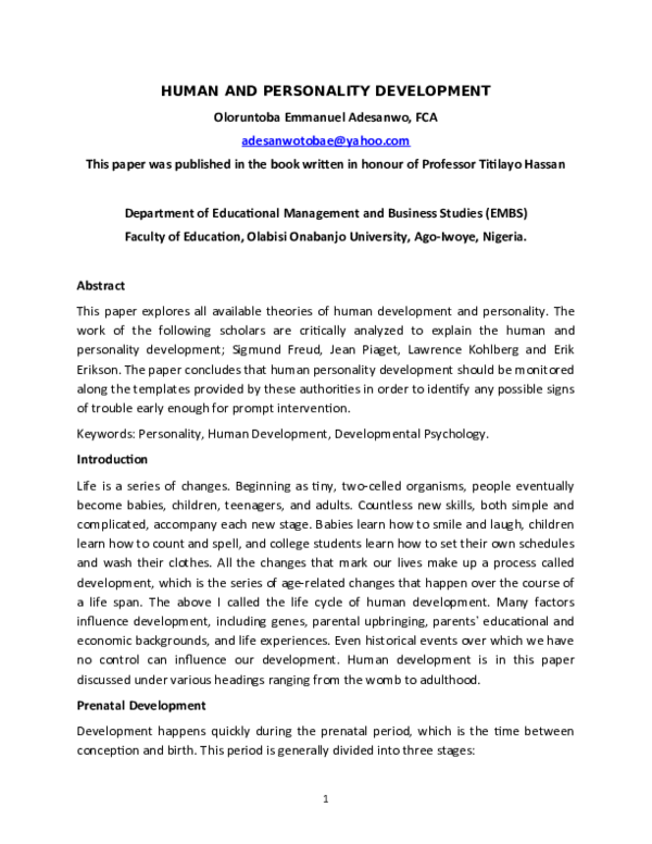 (DOC) HUMAN AND PERSONALITY DEVELOPMENT