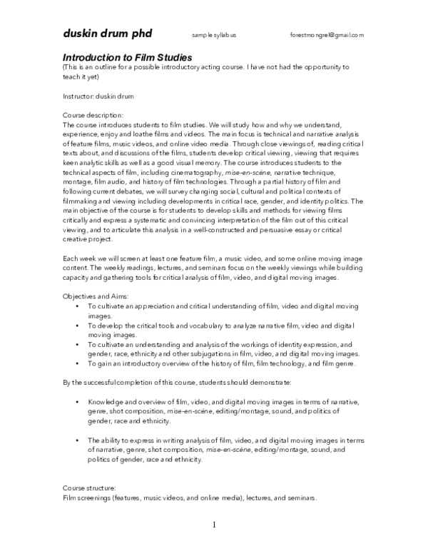 (PDF) Introduction to Film Studies Syllabus