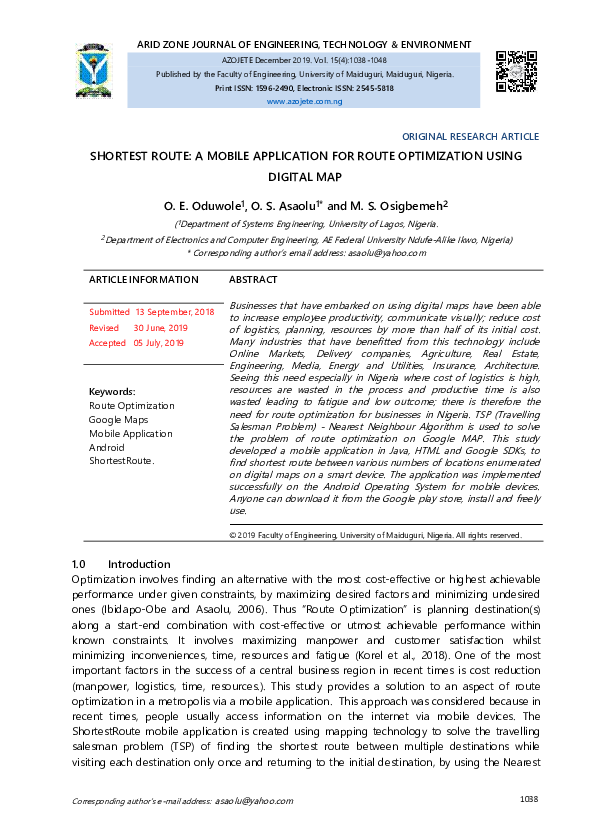 Pdf Shortest Route A Mobile Application For Route Optimization Using