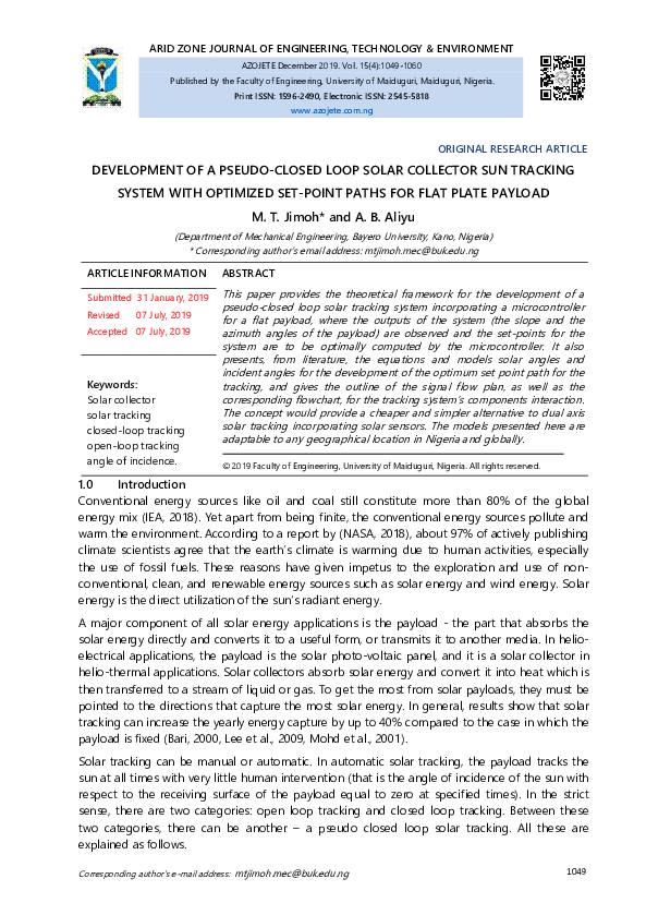 Pdf Development Of A Pseudo Closed Loop Solar Collector Sun Tracking System With Optimized Set