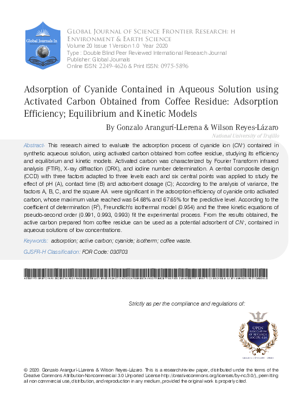 (PDF) Adsorption of Cyanide Contained in Aqueous Solution using Activated Carbon Obtained from ...