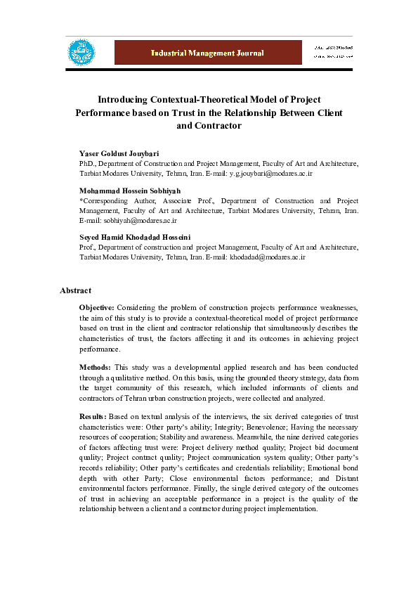 (PDF) Introducing Contextual-Theoretical Model of Project Performance based on Trust in the ...