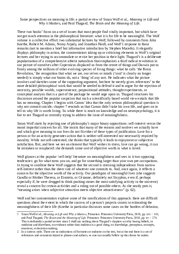 (PDF) Some perspectives on meaning in life: a partial review of Susan ...