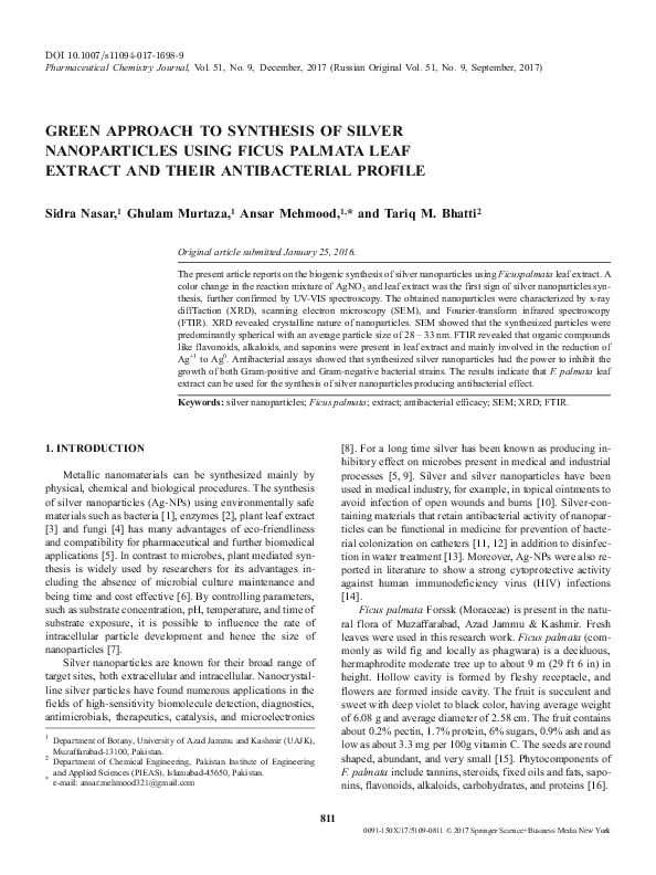 (PDF) GREEN APPROACH TO SYNTHESIS OF SILVER NANOPARTICLES USING FICUS PALMATA LEAF EXTRACT AND ...