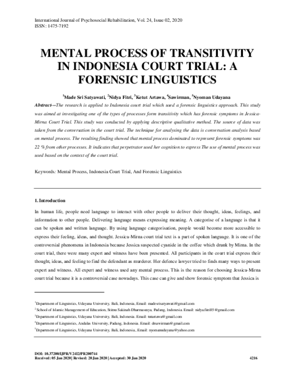 (PDF) MENTAL PROCESS OF TRANSITIVITY IN INDONESIA COURT TRIAL: A ...