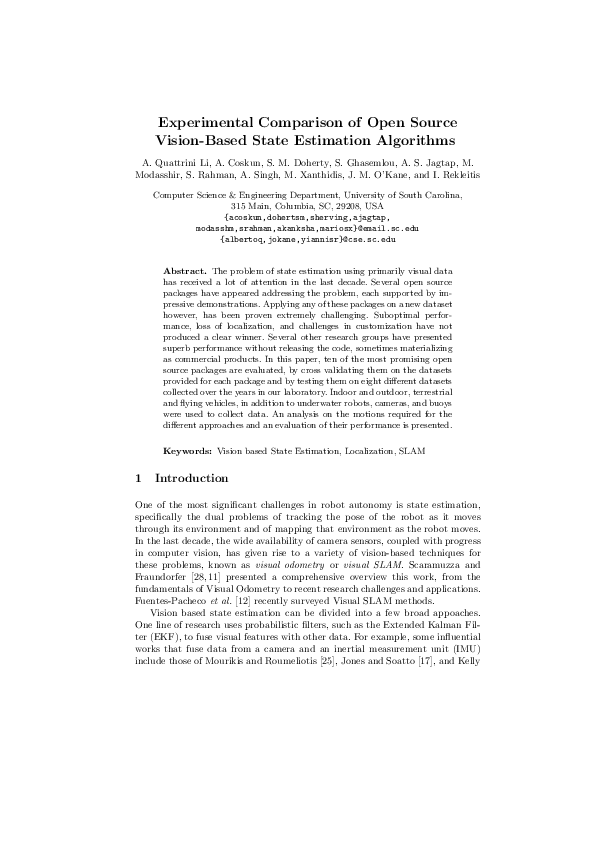 Pdf Experimental Comparison Of Open Source Vision Based State Estimation Algorithms