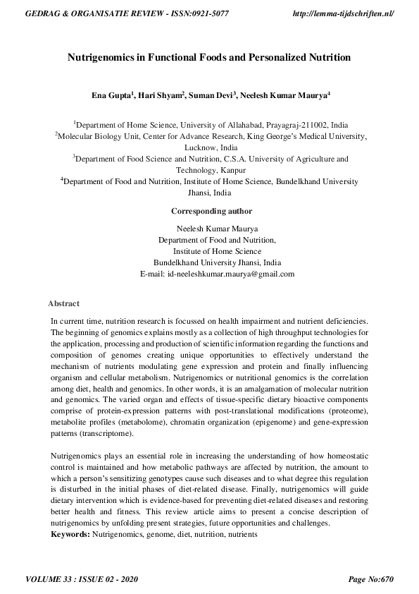 (PDF) Nutrigenomics in Functional Foods and Personalized Nutrition