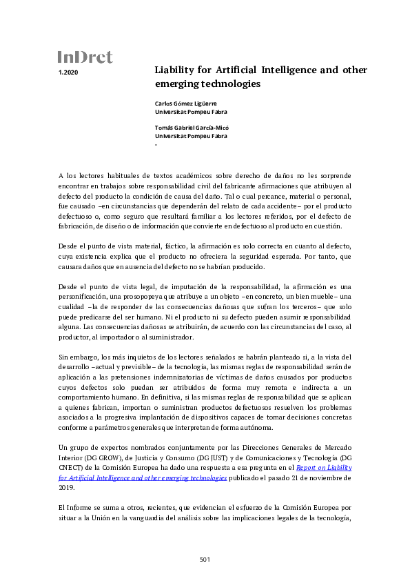 (PDF) Liability for Artificial Intelligence and other emerging technologies