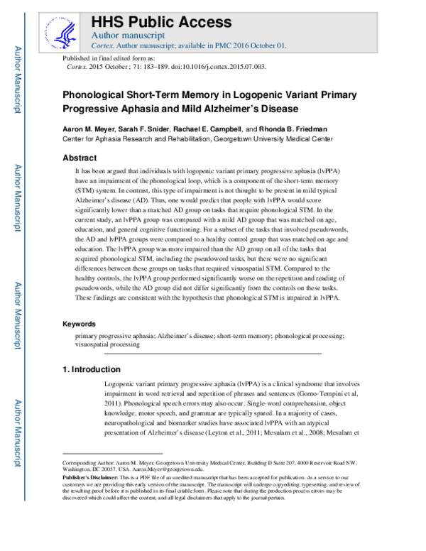 (PDF) Phonological short-term memory in logopenic variant primary ...