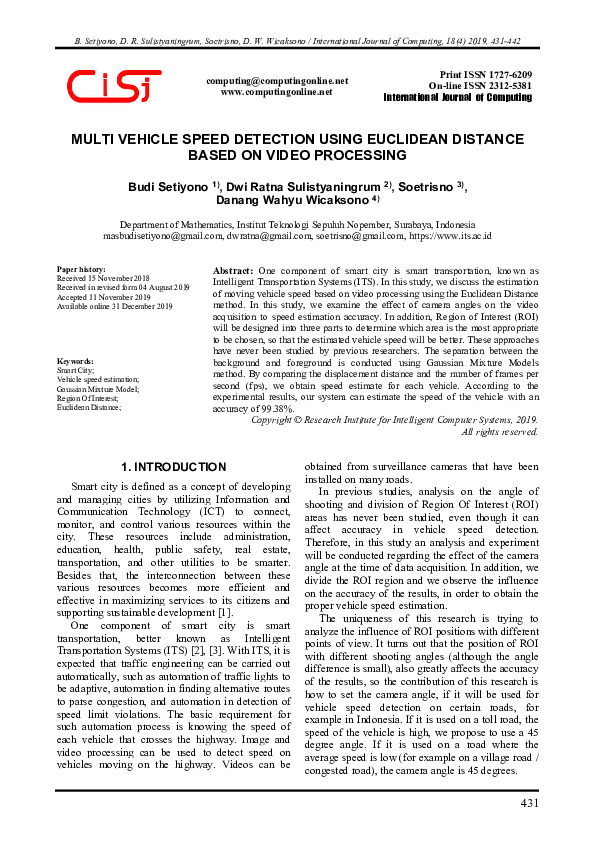 Pdf Multi Vehicle Speed Detection Using Euclidean Distance Based On Video Processing