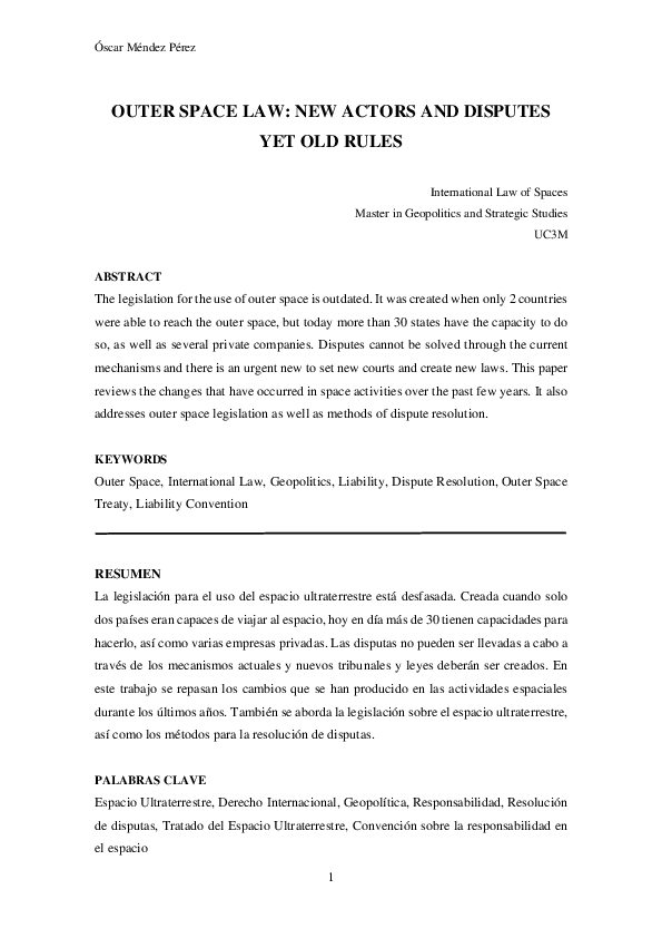 (PDF) Outer Space Law: New Actors and Disputes, Yet Old Rules