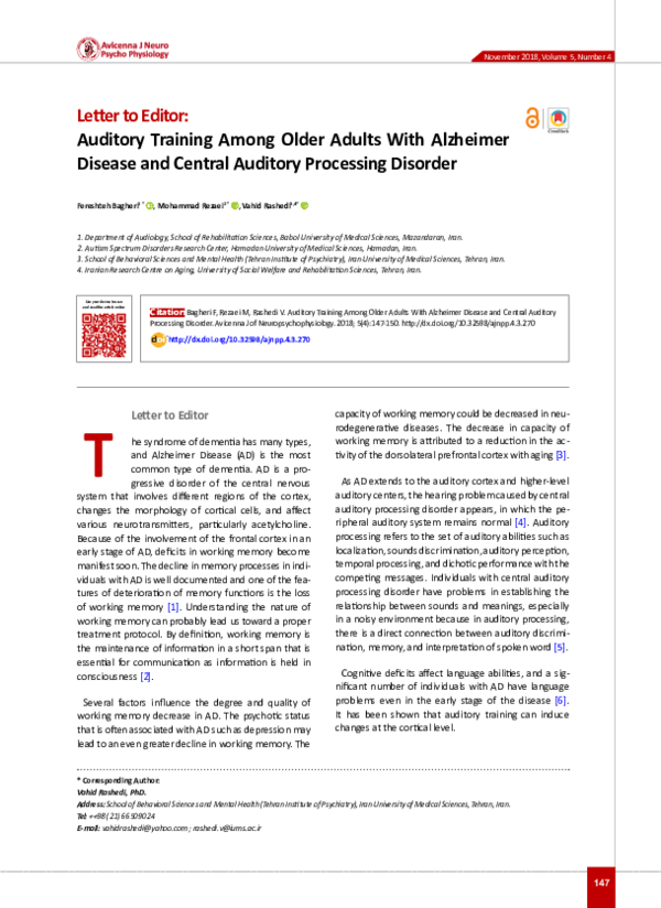 (PDF) Auditory Training Among Older Adults With Alzheimer Disease and Central Auditory ...