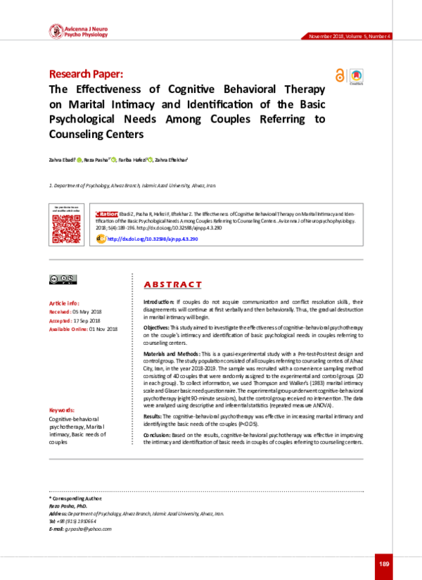 (PDF) The Effectiveness of Cognitive Behavioral Therapy on Marital Intimacy and Iden-tification ...
