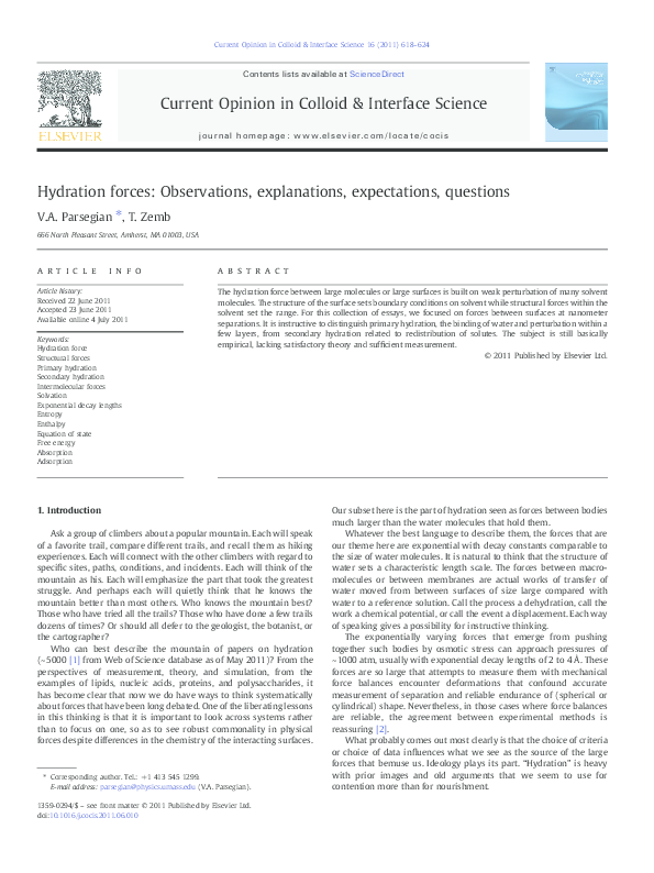 (PDF) Hydration forces: Observations, explanations, expectations, questions
