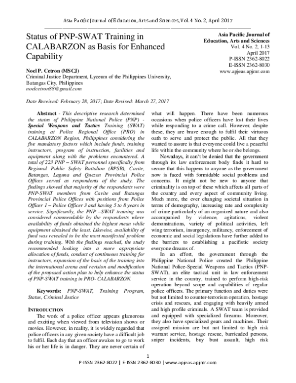 (PDF) Status of PNP-SWAT Training in CALABARZON as Basis for Enhanced ...