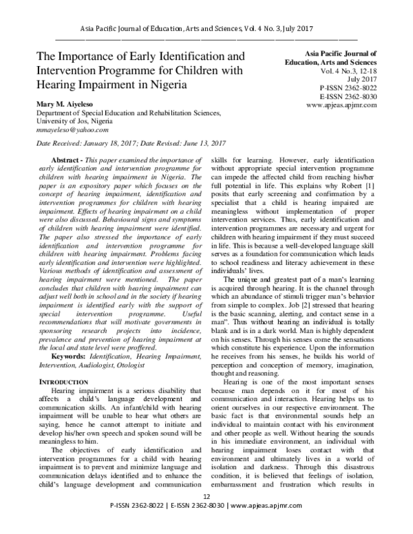 (PDF) The Importance of Early Identification and Intervention Programme ...