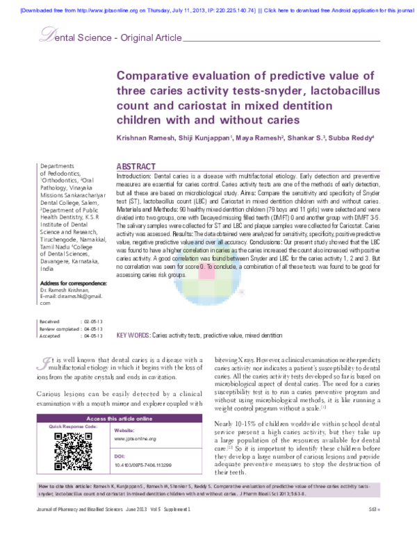 (PDF) Comparative evaluation of predictive value of three caries ...